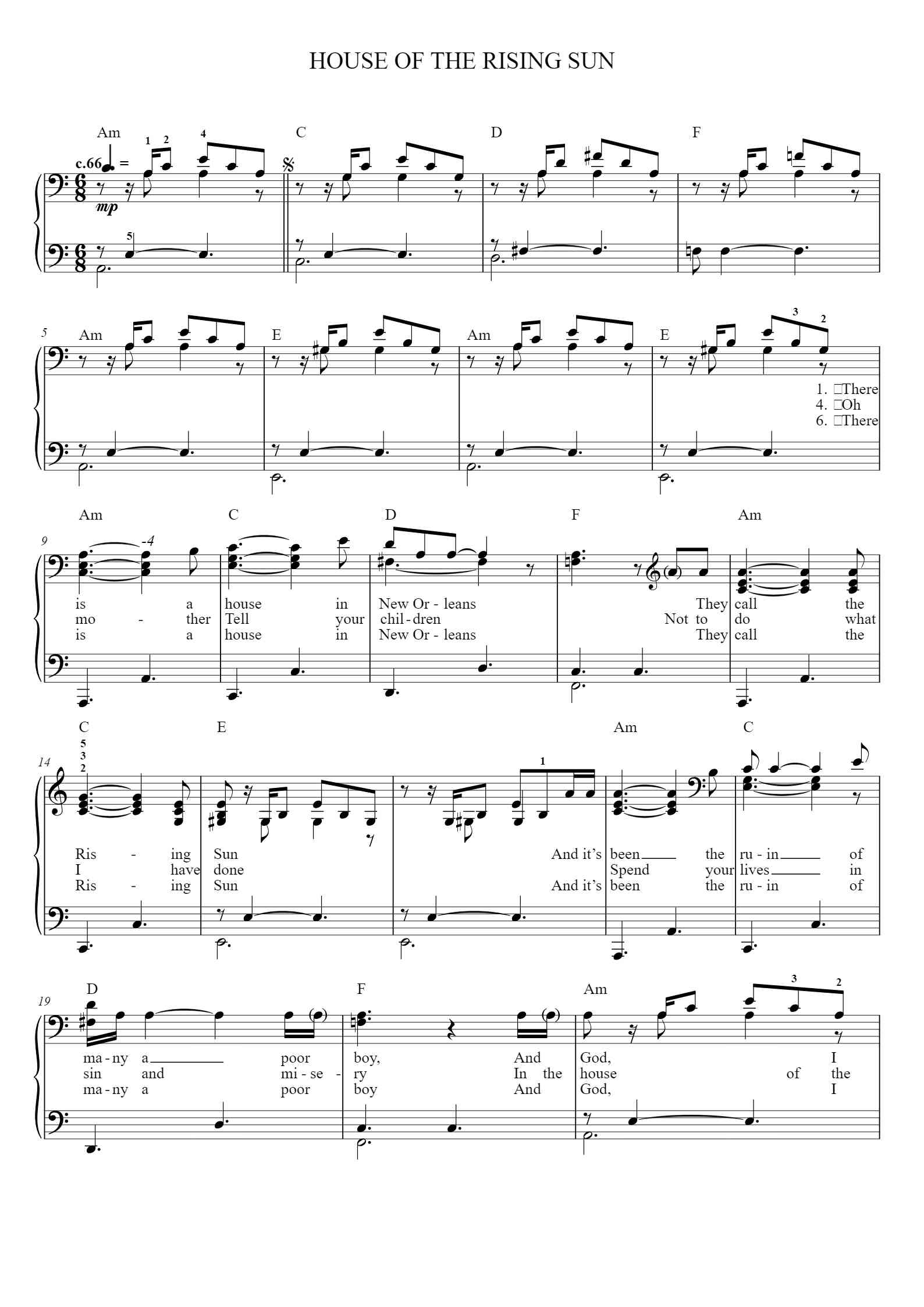 'The House Of The Rising Sun' - Piano Sheet Music By Traditional ...
