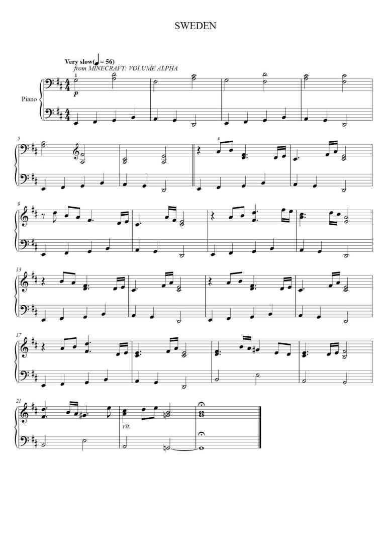'Sweden (from Minecraft) - C418' - Piano Sheet Music By By DANIEL ...
