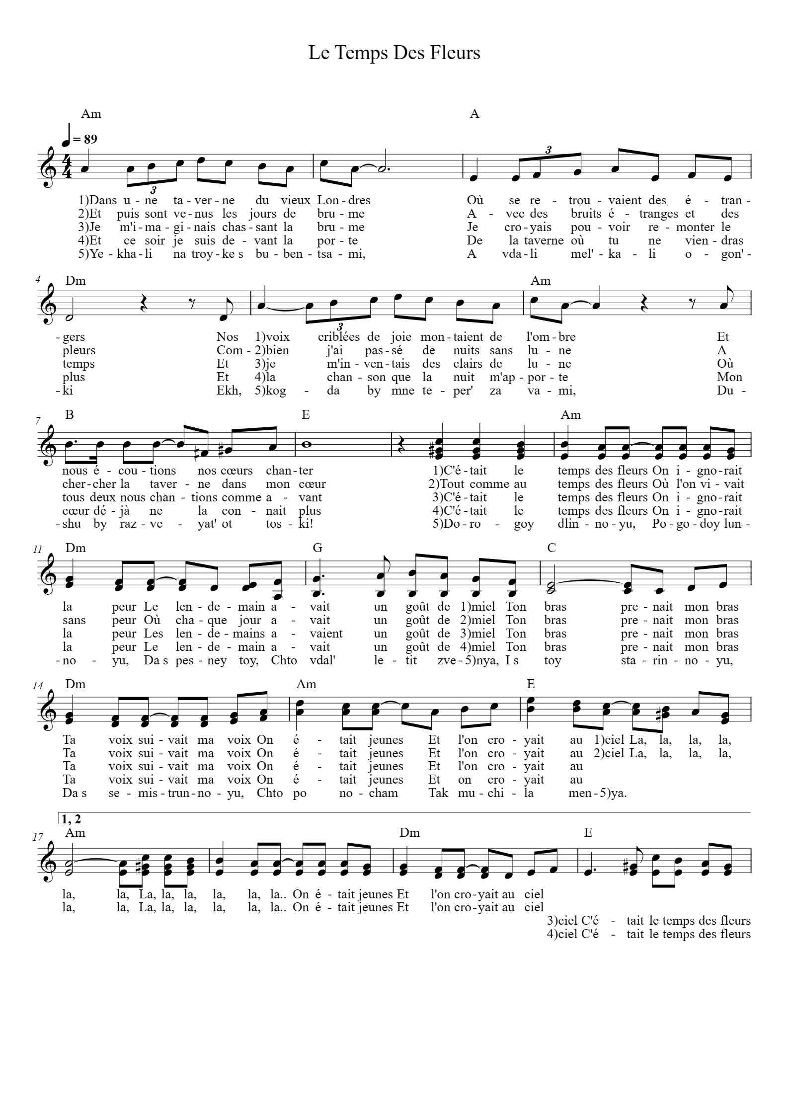 'LE TEMPS DES FLEURS' - Piano Sheet Music By folklore tzigane russe ...