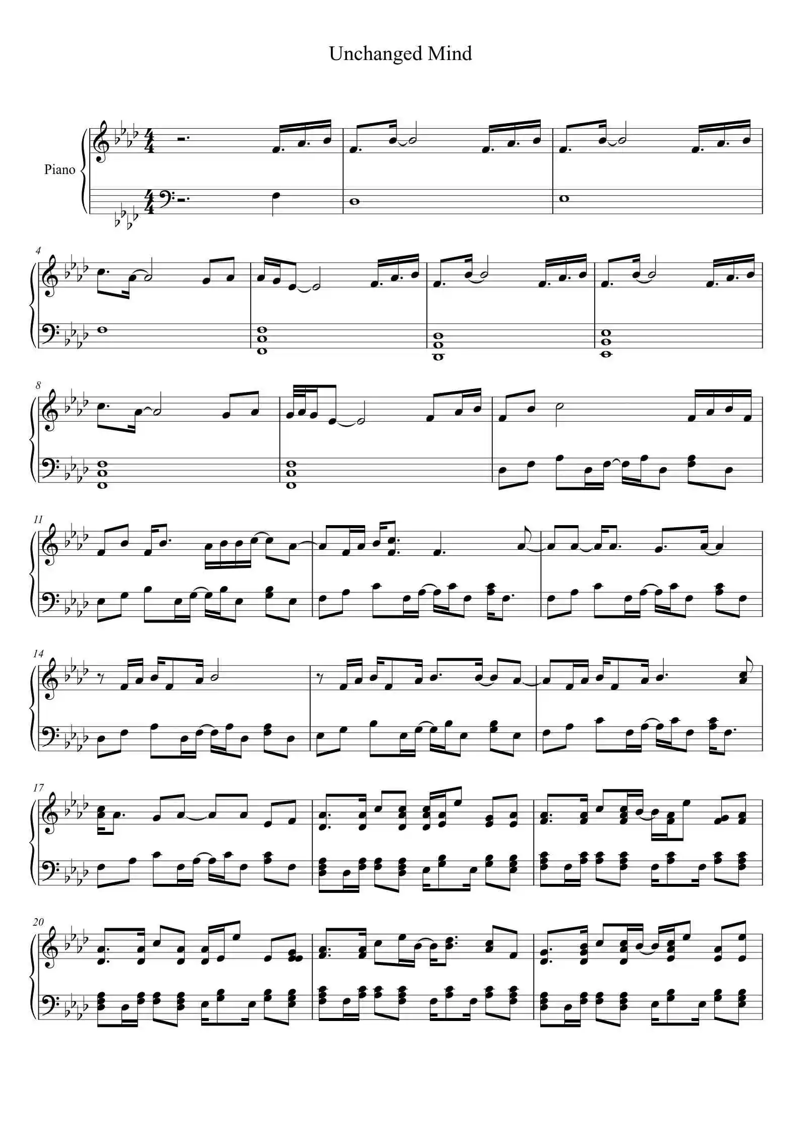 'Unchanged Mind 原调独奏版（还原版）化身无编配' - Beginner Piano Sheet Music by ...