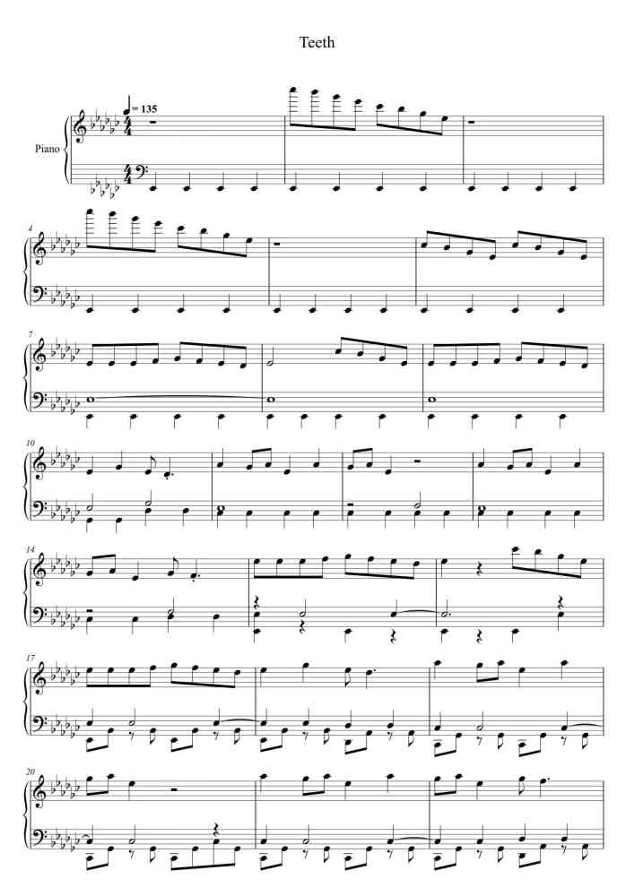 Teeth钢琴谱 - Amasica - free piano sheet music - PiaNoproblem