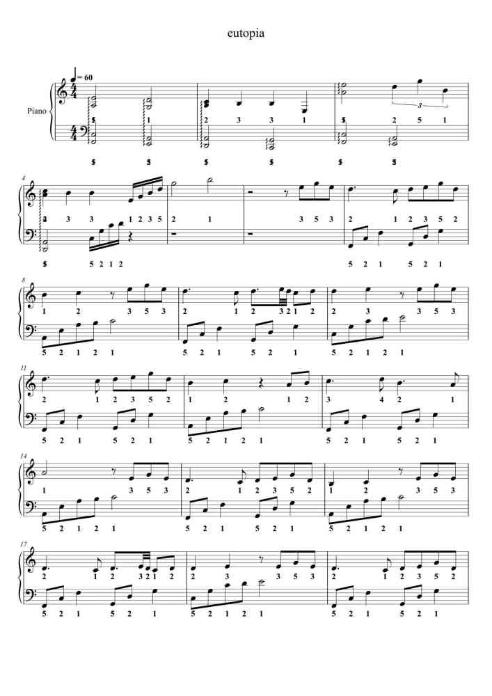 《eutopia》C调 简易 好听 好弹钢琴谱 - 约希克 鲁姆兹 - free piano sheet music - PiaNoproblem